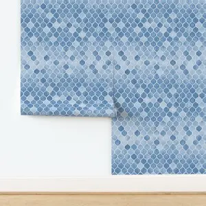 Spoonflower Decorative Vintage Tile Monochrome Soft Custom Pre-pasted Wallpaper - Blue