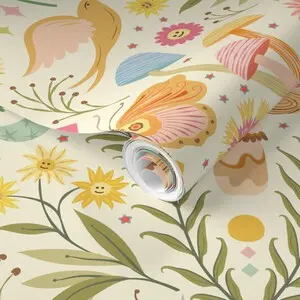 Spoonflower Woodland Damask Bright Pastels Pale Yellow Spring Custom Pre-pasted Wallpaper Yellow