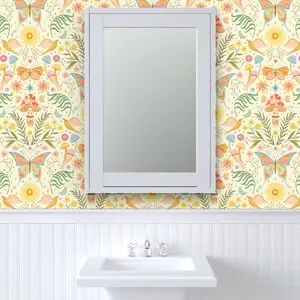 Spoonflower Woodland Damask Bright Pastels Pale Spring Custom Pre-pasted Wallpaper - Yellow