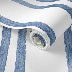Spoonflower Coastal Stripe Vertical Stripes French White Custom Pre-pasted Wallpaper - Blue