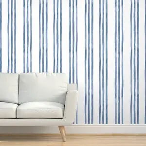 Spoonflower Coastal Stripe Vertical Stripes French White Custom Pre-pasted Wallpaper