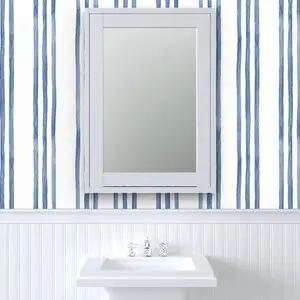 Spoonflower Coastal Stripe Vertical Stripes French White Custom Pre-pasted Wallpaper