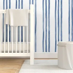 Spoonflower Coastal Stripe Vertical Stripes French White Custom Pre-pasted Wallpaper