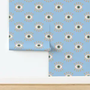 Spoonflower Modern Geometric Motif Symbol Light Bold Eye Custom Pre-pasted Wallpaper - Blue