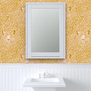 Spoonflower Leopard Mustard Yellow Jumbo Animal Print Custom Pre-pasted Wallpaper - Pink
