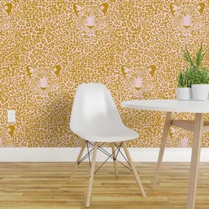 Spoonflower Leopard Mustard Yellow Jumbo Animal Print Custom Pre-pasted Wallpaper - Pink