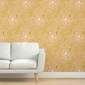Spoonflower Leopard Mustard Yellow Jumbo Animal Print Custom Pre-pasted Wallpaper - Pink