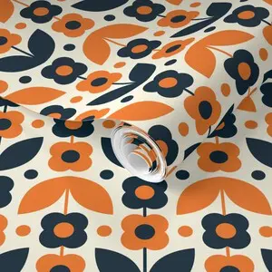 Spoonflower Floral Retro Modern Polka Daisy Midcentury Custom Pre-pasted Wallpaper - Orange