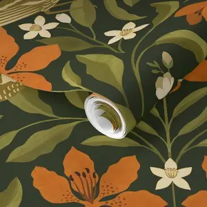 Spoonflower Jumbo Floral Green Leaves Orange Lily Flowers Custom Pre-pasted Wallpaper Orange