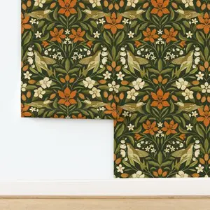 Spoonflower Jumbo Floral Green Leaves Lily Flowers Custom Pre-pasted Wallpaper - Orange