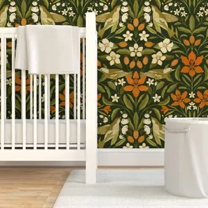 Spoonflower Jumbo Floral Green Leaves Lily Flowers Custom Pre-pasted Wallpaper - Orange