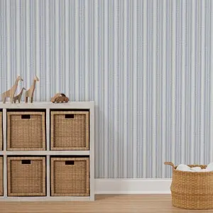 Spoonflower Coastal Stripe River Rocks Blue Cream Neutral Custom Pre-pasted Wallpaper