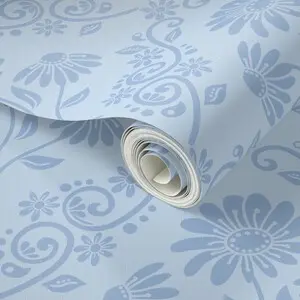 Spoonflower Daisy Boho Style Damask Victorian Floral Custom Pre-pasted Wallpaper - Blue
