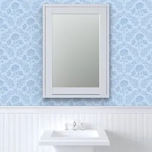 Spoonflower Daisy Boho Style Damask Victorian Floral Custom Pre-pasted Wallpaper - Blue