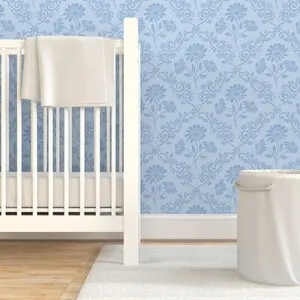 Spoonflower Daisy Boho Style Damask Victorian Floral Custom Pre-pasted Wallpaper - Blue