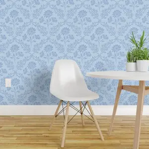 Spoonflower Daisy Boho Style Damask Victorian Floral Custom Pre-pasted Wallpaper - Blue