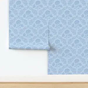 Spoonflower Daisy Boho Style Damask Victorian Floral Custom Pre-pasted Wallpaper - Blue