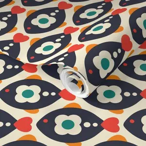 Spoonflower Coastal Retro Animal Sea Ocean Daisy Fishes Custom Pre-pasted Wallpaper - Navy