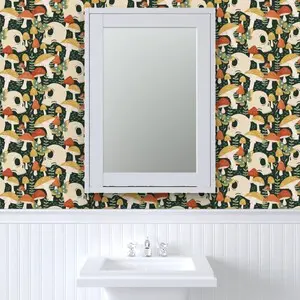 Spoonflower Yellow Butterfly Woodland Gothic Skulls Moth Custom Pre-pasted Wallpaper - Red