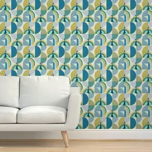 Spoonflower Geometric Peacock Lagoon Midcentury Custom Pre-pasted Wallpaper