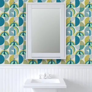 Spoonflower Geometric Peacock Lagoon Midcentury Custom Pre-pasted Wallpaper