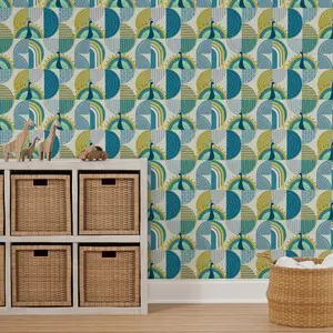 Spoonflower Geometric Peacock Lagoon Midcentury Custom Pre-pasted Wallpaper