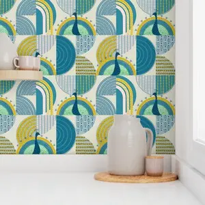 Spoonflower Geometric Peacock Lagoon Midcentury Custom Pre-pasted Wallpaper