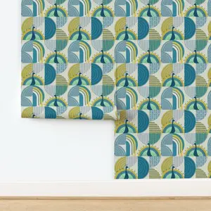 Spoonflower Geometric Peacock Lagoon Midcentury Custom Pre-pasted Wallpaper