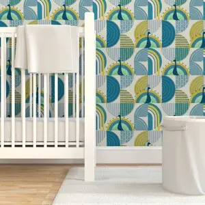 Spoonflower Geometric Peacock Lagoon Midcentury Custom Pre-pasted Wallpaper