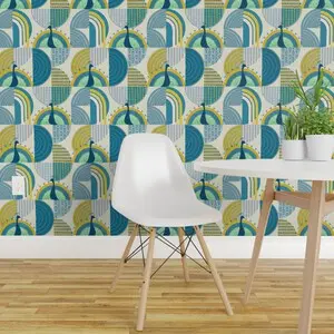 Spoonflower Geometric Peacock Lagoon Midcentury Custom Pre-pasted Wallpaper