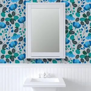 Spoonflower Floral Botanical Daisy Meadow Spring Summer Custom Pre-pasted Wallpaper - Blue