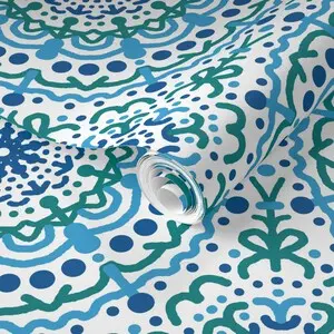 Spoonflower Blue Geometric Hippie Hand Drawn Mandala Bohemian Custom Pre-pasted Wallpaper - Green,blue