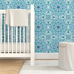 Spoonflower Blue Geometric Hippie Hand Drawn Mandala Bohemian Custom Pre-pasted Wallpaper - Green,blue