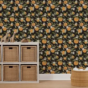 Spoonflower Oranges Citrus Fruit Botanical Leaves Dark Custom Pre-pasted Wallpaper - Orange