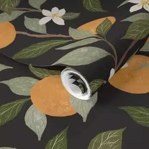 Spoonflower Oranges Citrus Fruit Botanical Leaves Dark Custom Pre-pasted Wallpaper - Orange