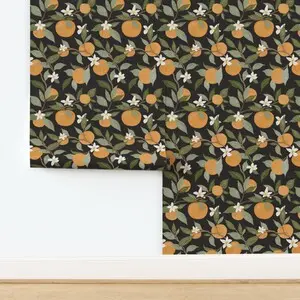 Spoonflower Oranges Citrus Fruit Botanical Leaves Dark Custom Pre-pasted Wallpaper - Orange