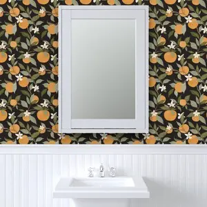 Spoonflower Oranges Citrus Fruit Botanical Leaves Dark Custom Pre-pasted Wallpaper - Orange