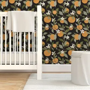 Spoonflower Oranges Citrus Fruit Botanical Leaves Dark Custom Pre-pasted Wallpaper - Orange