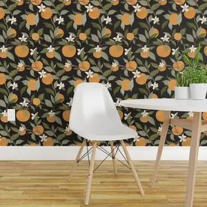 Spoonflower Oranges Citrus Fruit Botanical Leaves Dark Custom Pre-pasted Wallpaper - Orange