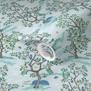 Spoonflower Floral Citrus Tree Botanical Toile Kitsch Custom Pre-pasted Wallpaper - Blue