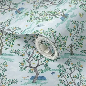 Spoonflower Floral Citrus Tree Botanical Toile Kitsch Custom Pre-pasted Wallpaper