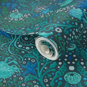 Spoonflower Ocean Aquatic Life Seahorses Seaweed Aqua Custom Pre-pasted Wallpaper - Blue