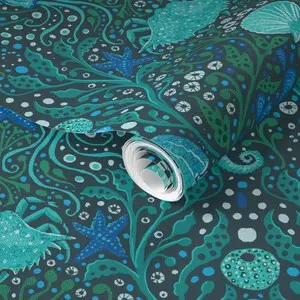 Spoonflower Ocean Aquatic Life Seahorses Seaweed Aqua Custom Pre-pasted Wallpaper - Blue
