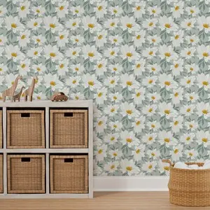Spoonflower Green Floral Garden Daisy Botanical Spring Custom Pre-pasted Wallpaper - Mint