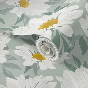 Spoonflower Mint Green Floral Garden Daisy Botanical Spring Custom Pre-pasted Wallpaper Mint