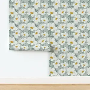 Spoonflower Green Floral Garden Daisy Botanical Spring Custom Pre-pasted Wallpaper - Mint
