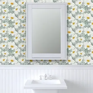 Spoonflower Green Floral Garden Daisy Botanical Spring Custom Pre-pasted Wallpaper - Mint