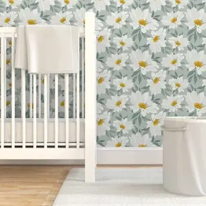 Spoonflower Green Floral Garden Daisy Botanical Spring Custom Pre-pasted Wallpaper - Mint