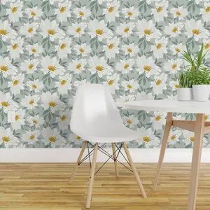 Spoonflower Green Floral Garden Daisy Botanical Spring Custom Pre-pasted Wallpaper - Mint