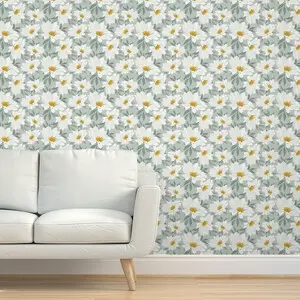 Spoonflower Green Floral Garden Daisy Botanical Spring Custom Pre-pasted Wallpaper - Mint